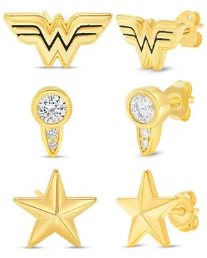 DC COMICS Wonder Logo, Star, And Crystal Stud Earrings Set - Goldone