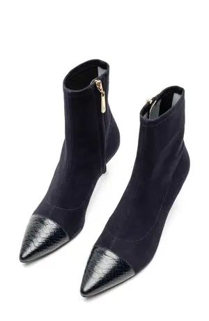 FRANCES VALENTINE Serena Pointed Cap Toe Kitten Heel Bootie - Navy