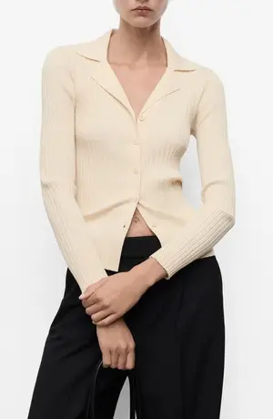 Mango Ribbed Button-up Cardigan - Ecru