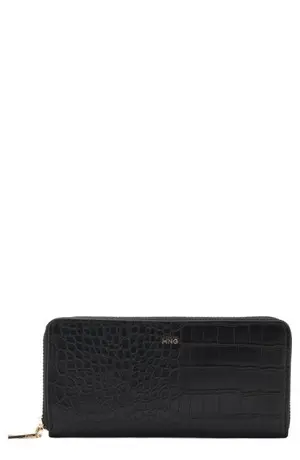 Mango Croc Embossed Faux Leather Wallet - Black