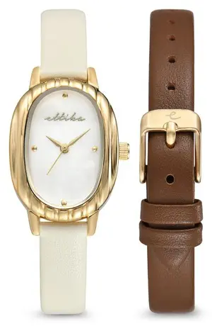 Ettika Oval Mother-of-pearl Watch And Leather Strap Set - Chocolate