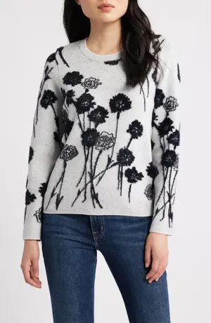 LIVERPOOL Floral Jacquard Crewneck Sweater - Lt Grey/black Floral