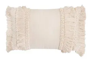 STORIED HOME Cotton And Chenille Woven Lumbar Pillow With Fringe - Cream