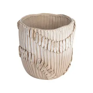 STORIED HOME Handmade Stoneware Pleated Vase With Pattern - Cream