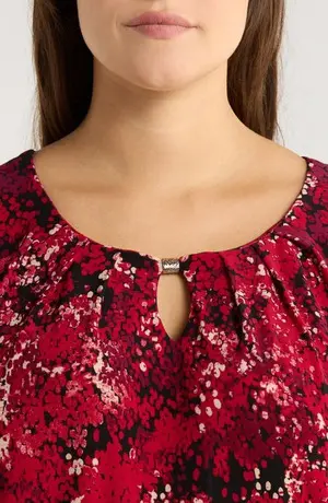KASPER Pleated Three-quarter Sleeve Top - Red/black Multi