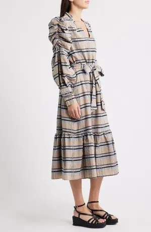 CIEBON Mariyah Long Sleeve Seersucker Midi Dress
