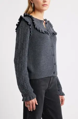 Treasure & Bond Pointelle Ruffle Wool & Cashmere Cardigan - Grey Dark Charcoal Heather