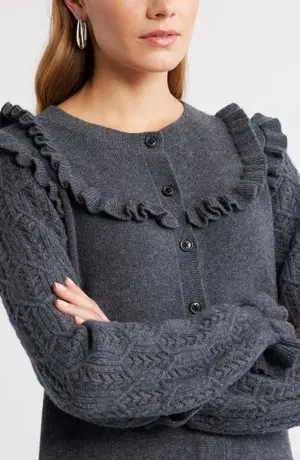 Treasure & Bond Pointelle Ruffle Wool & Cashmere Cardigan - Grey Dark Charcoal Heather