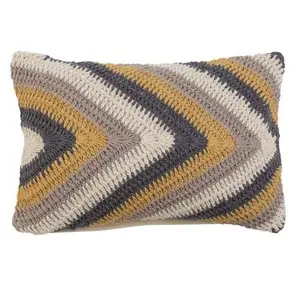 STORIED HOME Cotton Crocheted Lumbar Pillow With Chevron Pattern - Grey