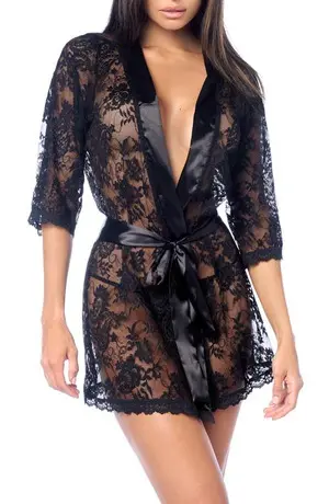 MAPALE Lace Robe & Thong Set - Black