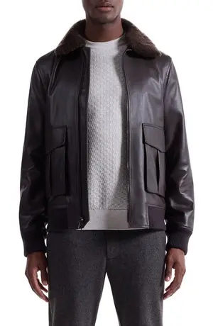 Bugatchi Leather Bomber Jacket With Removable Shearling Collar