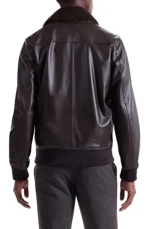 Bugatchi Leather Bomber Jacket With Removable Shearling Collar