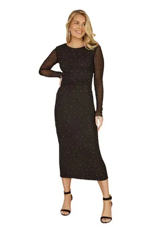 YUMI Sparkle Mesh Bodycon Midi Dress - Black