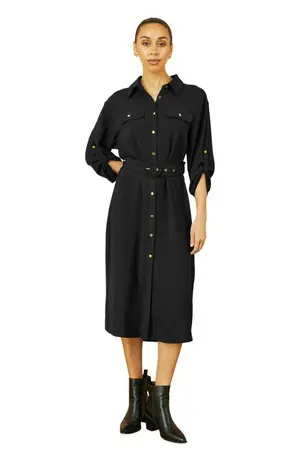 YUMI Belted Midi Shirt Dress With 3/4 Sleeves - Black