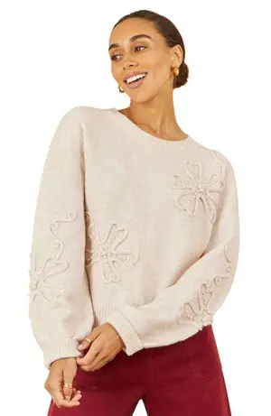 YUMI Floral Appliqué Relaxed Fit Sweater