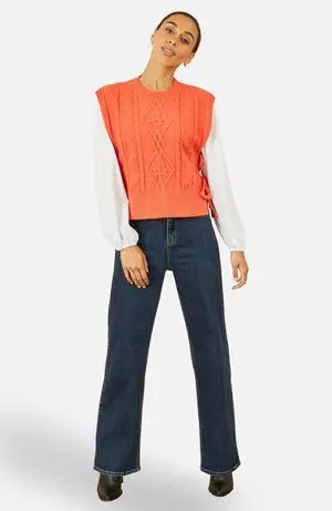 YUMI Floral Cable Knit Pullover With Side Tie Detail - Orange
