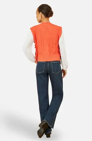 YUMI Floral Cable Knit Pullover With Side Tie Detail - Orange