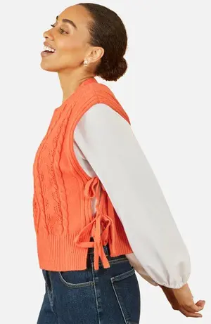 YUMI Floral Cable Knit Pullover With Side Tie Detail - Orange