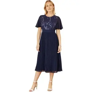 YUMI Sequin Embellished Pleated Midi Dress - Navy