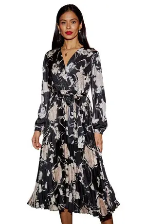 YUMI Floral Satin Long Sleeve Midi Dress