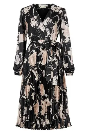 YUMI Floral Satin Long Sleeve Midi Dress