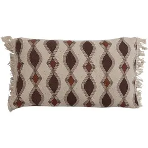 STORIED HOME Bloomingville Recycled Cotton Blend Printed Pillow With Pattern And Fringe - Cream