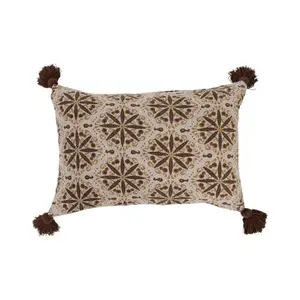 STORIED HOME Recycled Cotton Blend Lumbar Pillow With Floral Medallion Print And Tassels - Beige