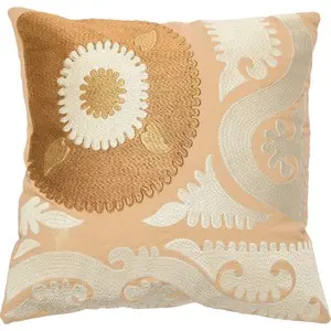 STORIED HOME Cotton Embroidered Suzani Pillow With Chambray Back - Cream