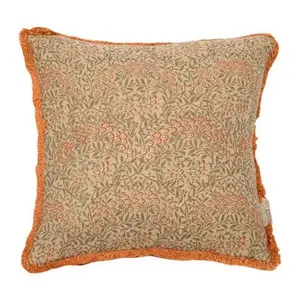 STORIED HOME Cotton Pillow With Metallic Printed Floral Pattern And Eyelash Fringe - Orange