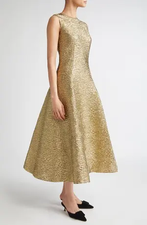 EMILIA WICKSTEAD Mara Metallic Seersucker Fit & Flare Gown - Gold