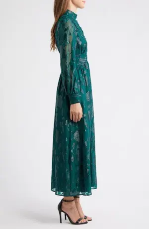 Anne Klein Metallic Floral Long-sleeve Dress
