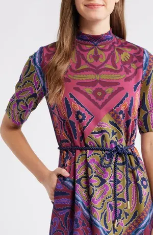 Anne Klein Print Tie Belt Midi Dress