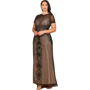 LARA NEW YORK Beaded Cap Sleeve Illusion Plunge Gown Black
