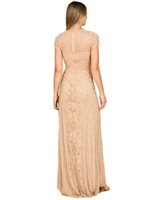 LARA NEW YORK Beaded Cap Sleeve Illusion Plunge Gown - Champagne