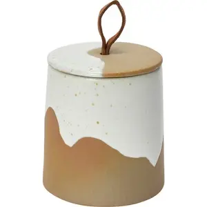 STORIED HOME Stoneware Canister With Leather Loop - Brown