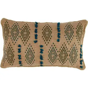 STORIED HOME Cotton Lumbar Pillow With Tufted Embroidered Design And Fringe - Tan