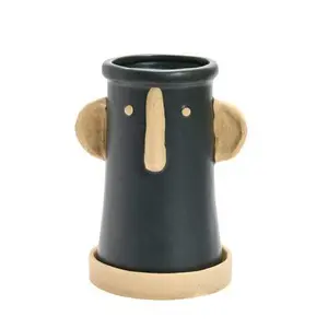 STORIED HOME Stoneware Face Planter With Saucer - Black
