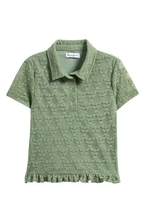 LOVE, FIRE Lace Polo Top With Ruffle Hem - Hedge Green