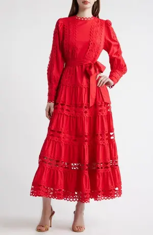 LAYERED WITH LOVE Lace Trim Long Sleeve Cotton Maxi Dress - Candy Apple
