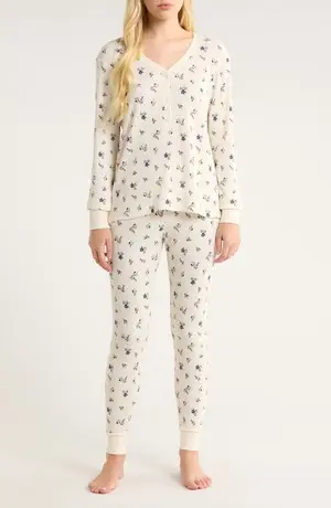 Nordstrom Cotton Blend Waffle Thermal Pajamas - Ivory- Blue Rose Ditsy