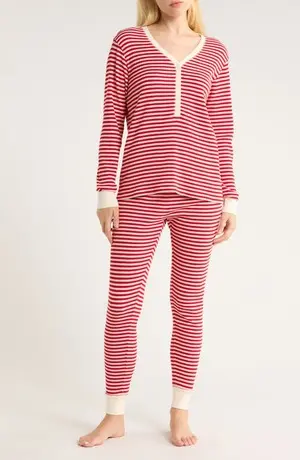 Nordstrom Cotton Blend Waffle Thermal Pajamas - Red Party Stripe
