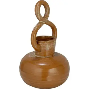STORIED HOME Round Decorative Stoneware Vase With Twisted Handle And Reactive Glaze - Brown