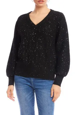 Karen Kane Sequin V-neck Sweater - Black