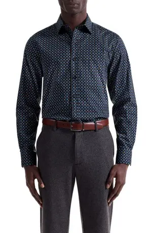 Bugatchi Julian Shaped Fit Geo Print Stretch Cotton Button-up Shirt - Teal