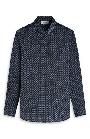 Bugatchi Julian Shaped Fit Geo Print Stretch Cotton Button-up Shirt - Teal