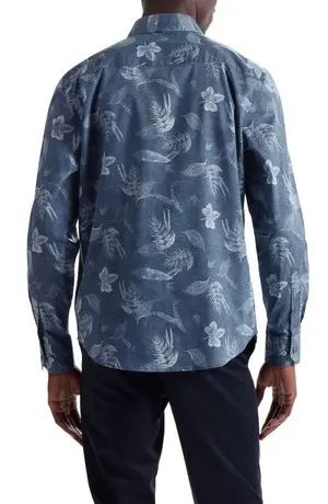 Bugatchi Julian Shaped Fit Leaf Print Stretch Cotton Button-up Shirt - Navy