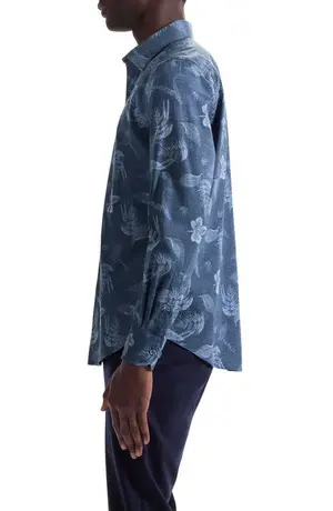 Bugatchi Julian Shaped Fit Leaf Print Stretch Cotton Button-up Shirt - Navy