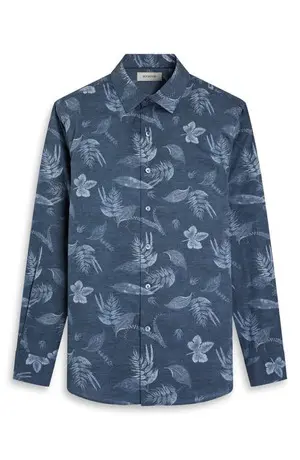 Bugatchi Julian Shaped Fit Leaf Print Stretch Cotton Button-up Shirt - Navy