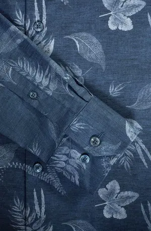 Bugatchi Julian Shaped Fit Leaf Print Stretch Cotton Button-up Shirt - Navy