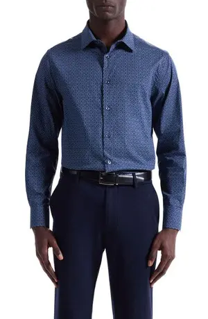 Bugatchi Julian Shaped Fit Medallion Print Stretch Cotton Button-up Shirt - Navy